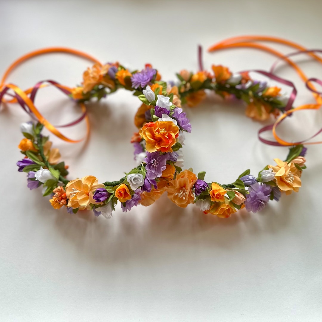 Real Touch Flowers Headpiece Wedding Purple Orange Flower Girl Headband ...