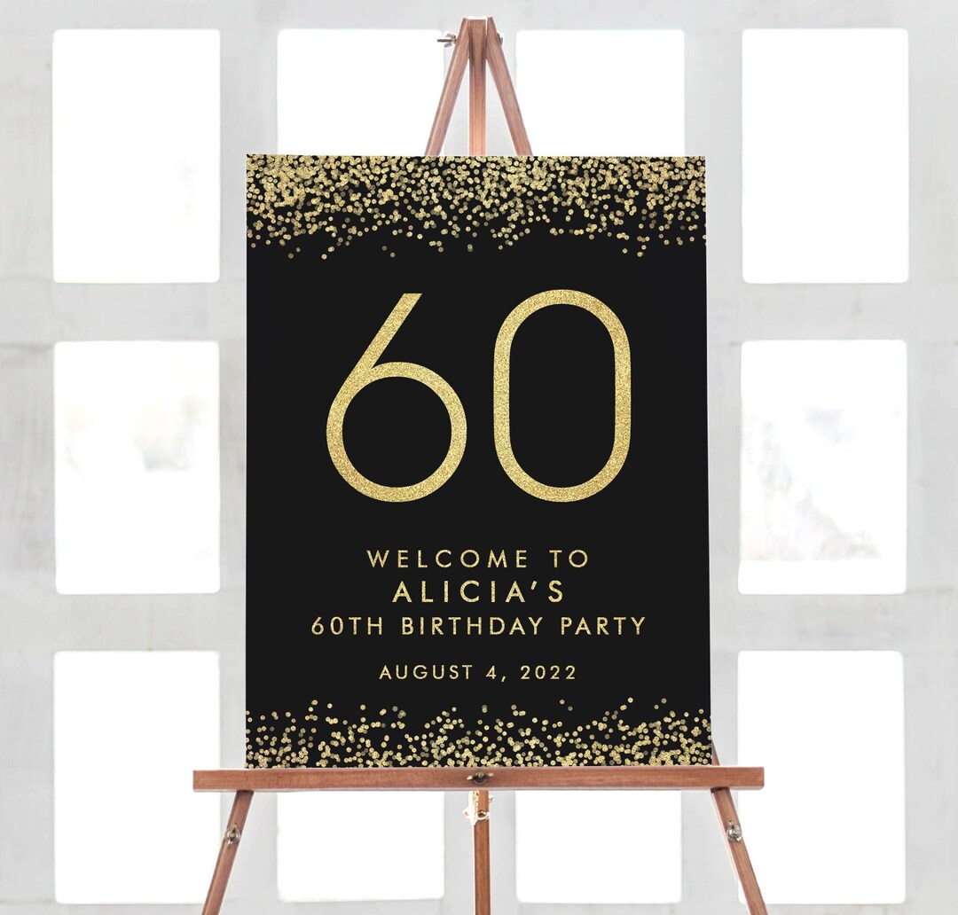 60th Birthday Decorations, Confetti Gold Birthday Welcome Sign, 60 ...