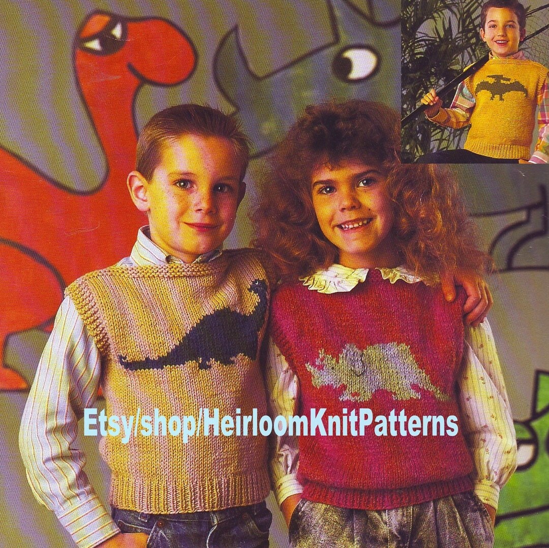 Boy Girl Dinosaur Vests Waistcoats Vintage Knitting Pattern 5 - Etsy