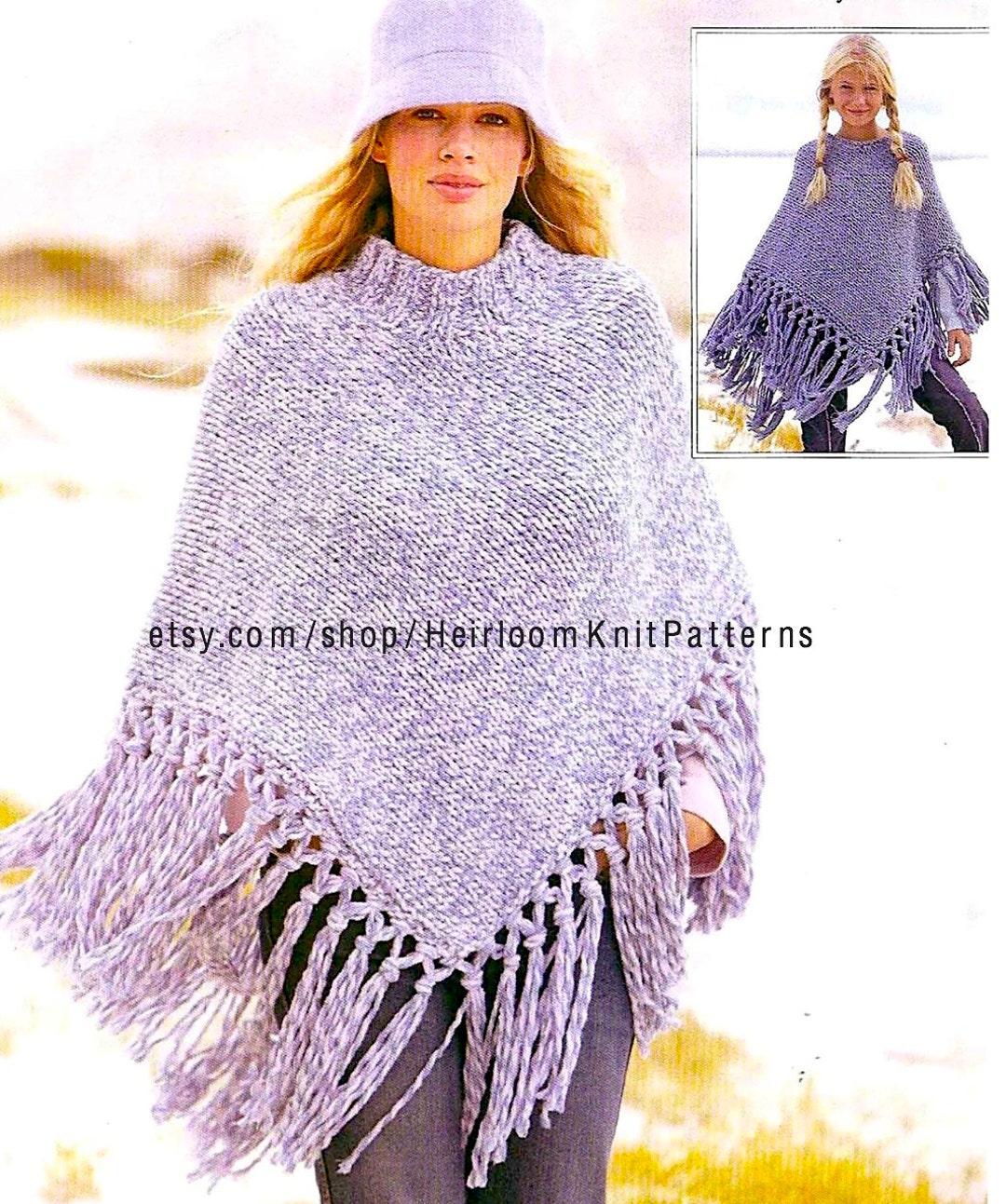 Chunky Poncho Vintage Knitting Pattern Girls Women's Poncho Stole Wrap ...