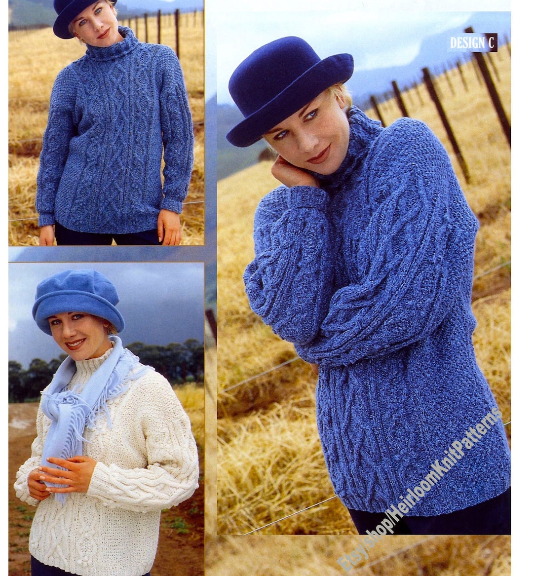 Ladies Girls Aran Sweater Vintage Knitting Pattern Diamond & Cable ...