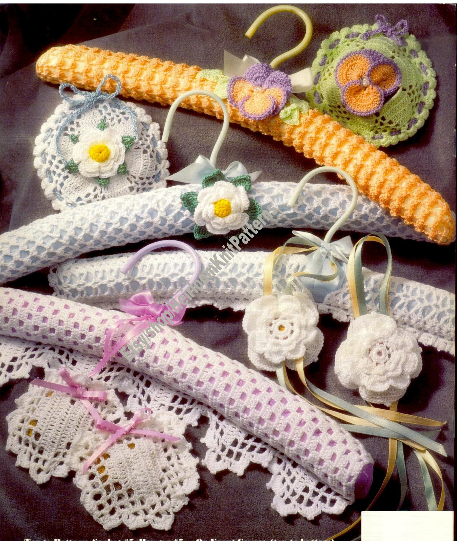 7 Pairs Hangers and Sachets Vintage Crochet Pattern Coat Hanger Cover ...