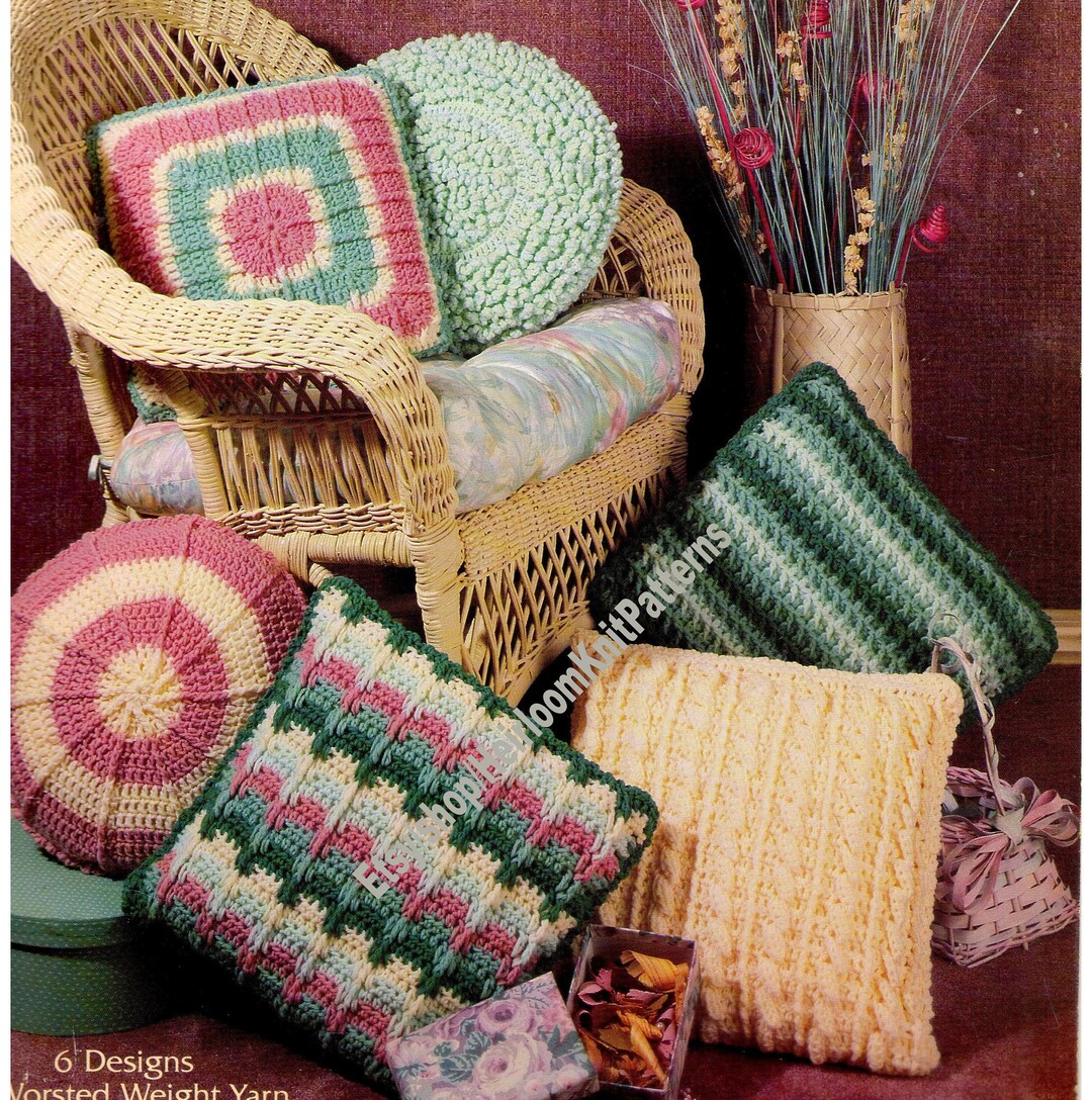 6 Designs Crocheted Pillows Vintage Pattern Waves Cable Stitch Loop ...