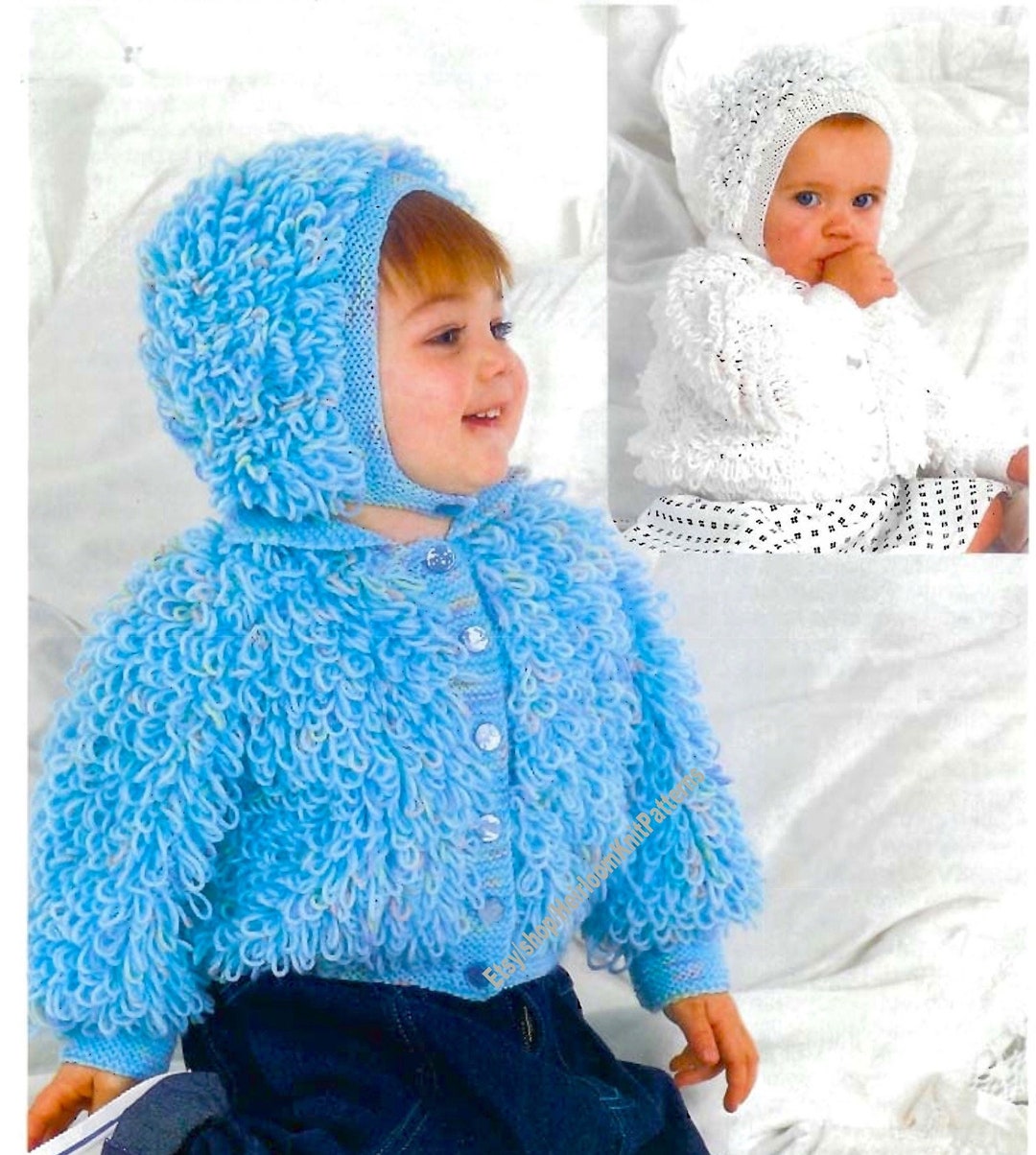 Baby Child Loopy Jacket & Bonnet Set Vintage Knitting Pattern DK 8ply ...