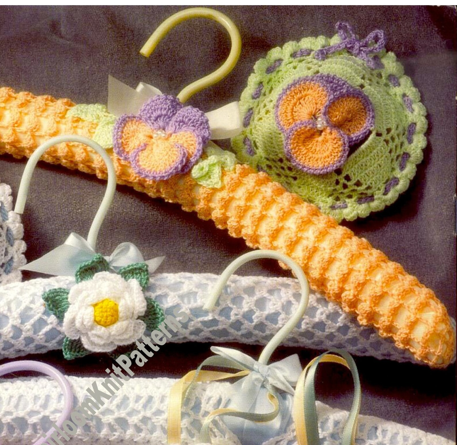 7 Pairs Hangers and Sachets Vintage Crochet Pattern Coat Hanger Cover ...