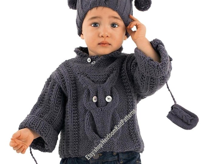 Vintage Knitting Pattern Baby Owl Cardigan Sweater Hat Booties Set PDF ...
