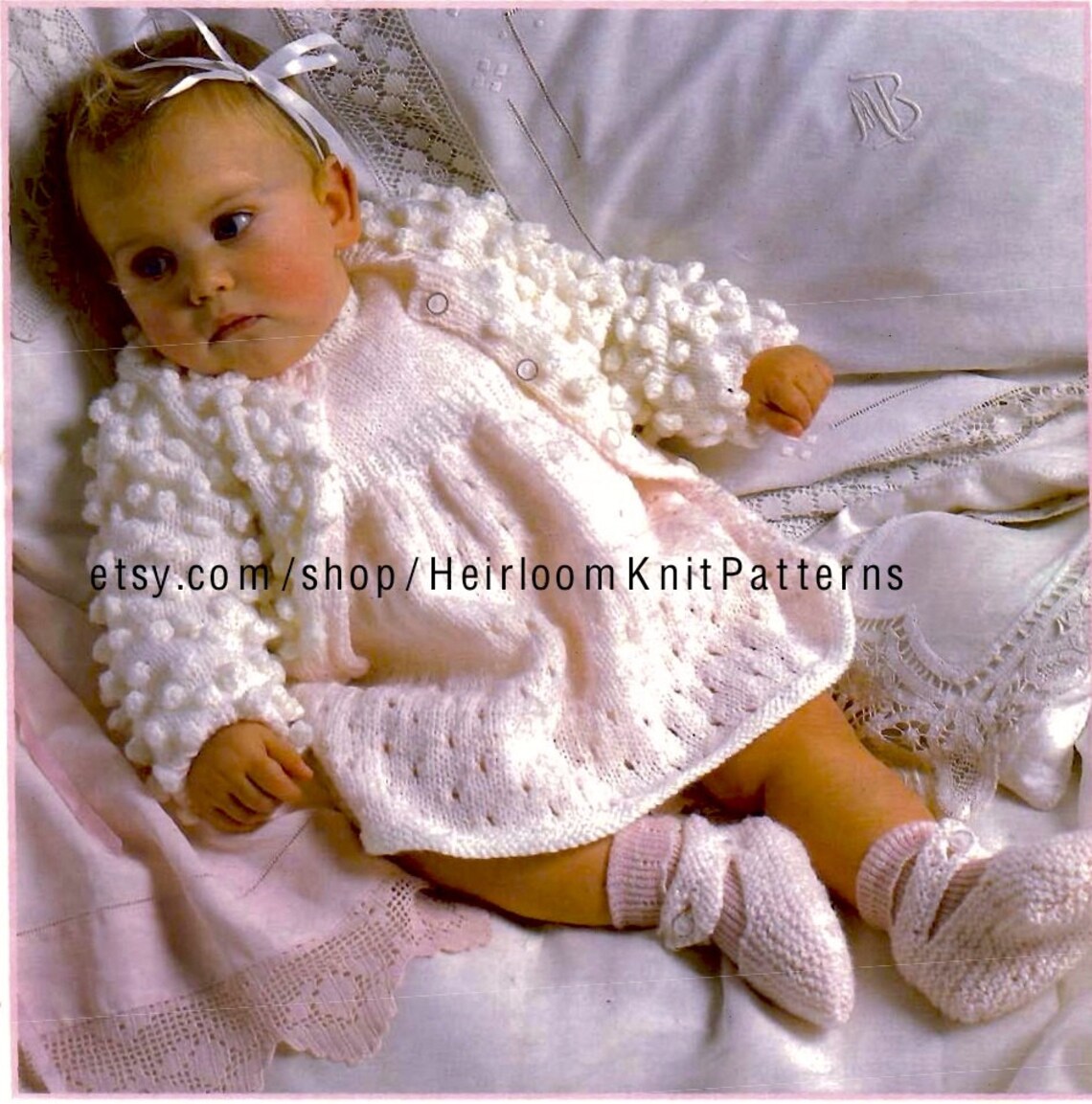 Baby Girl Outfit Bobble Cardigan Lacy Dress & Shoes Vintage | Etsy