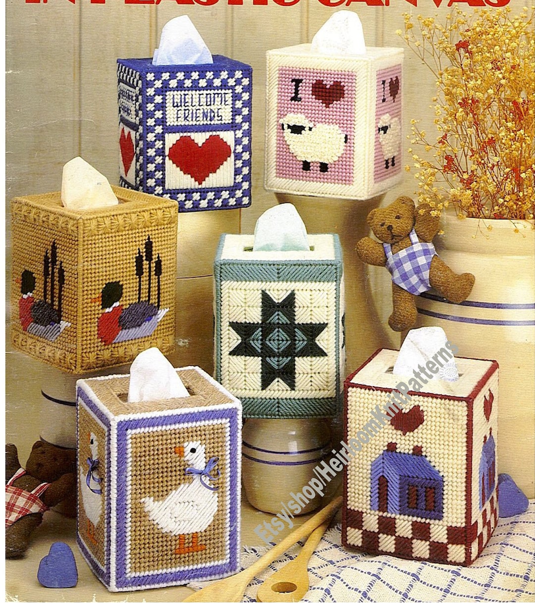 6 Country Tissue Box Covers Vintage Plastic Canvas Pattern Duck Goose ...