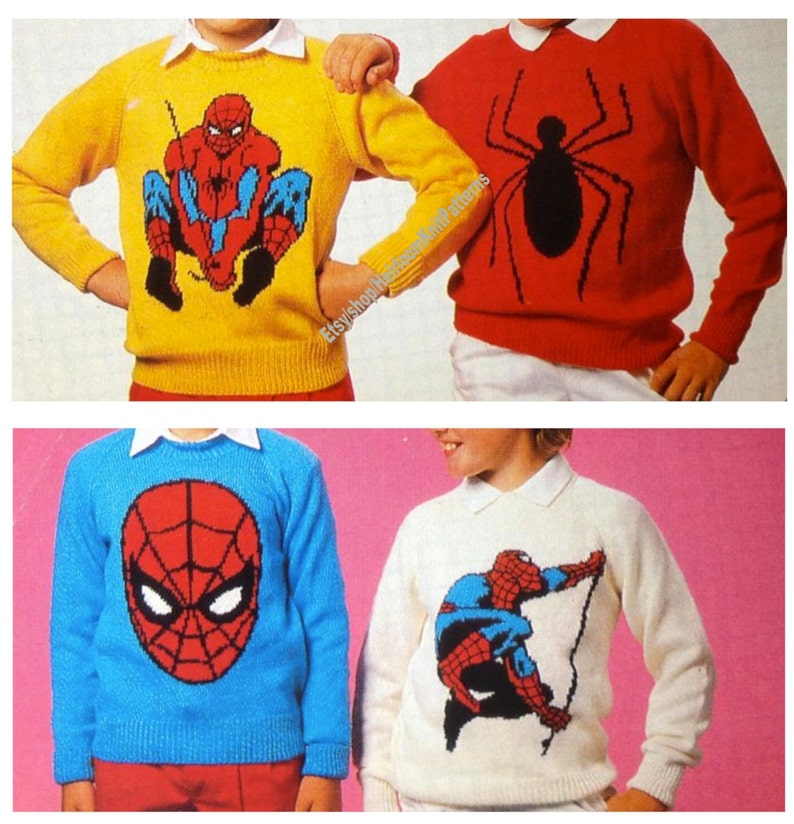 4 Designs Spiderman Sweaters Vintage Knitting Pattern Picture Character ...