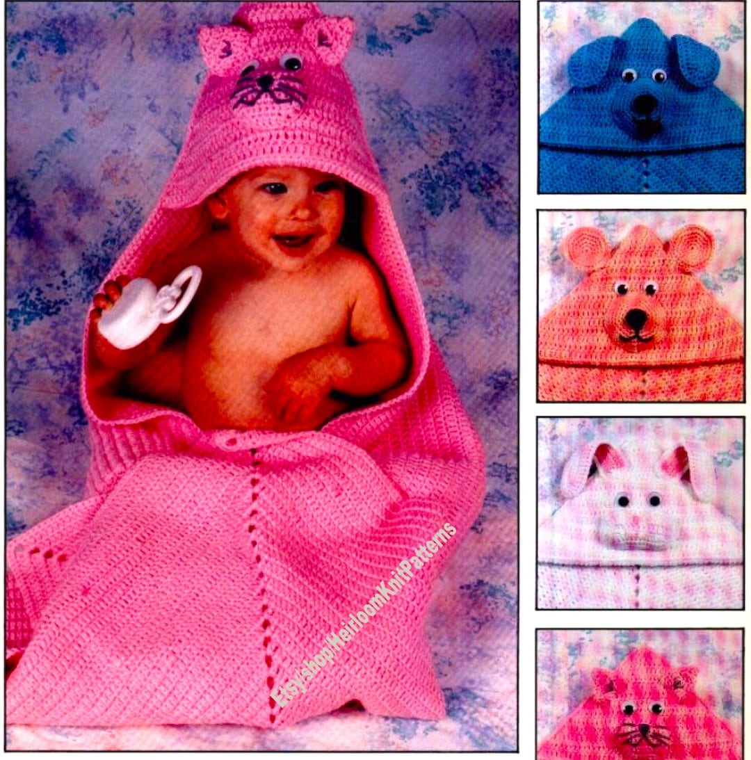 4 Designs Baby Hooded Blanket Vintage Crochet Pattern Animal Blanket ...