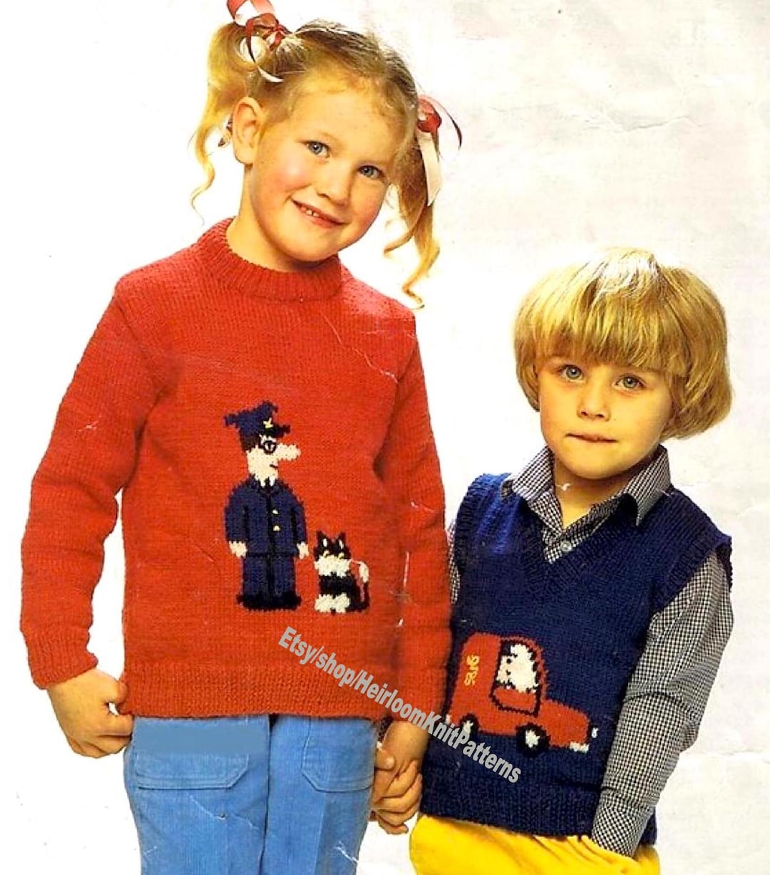 Postman Pat Sweater & Slipover Vintage Knitting Pattern DK 8ply Boy ...
