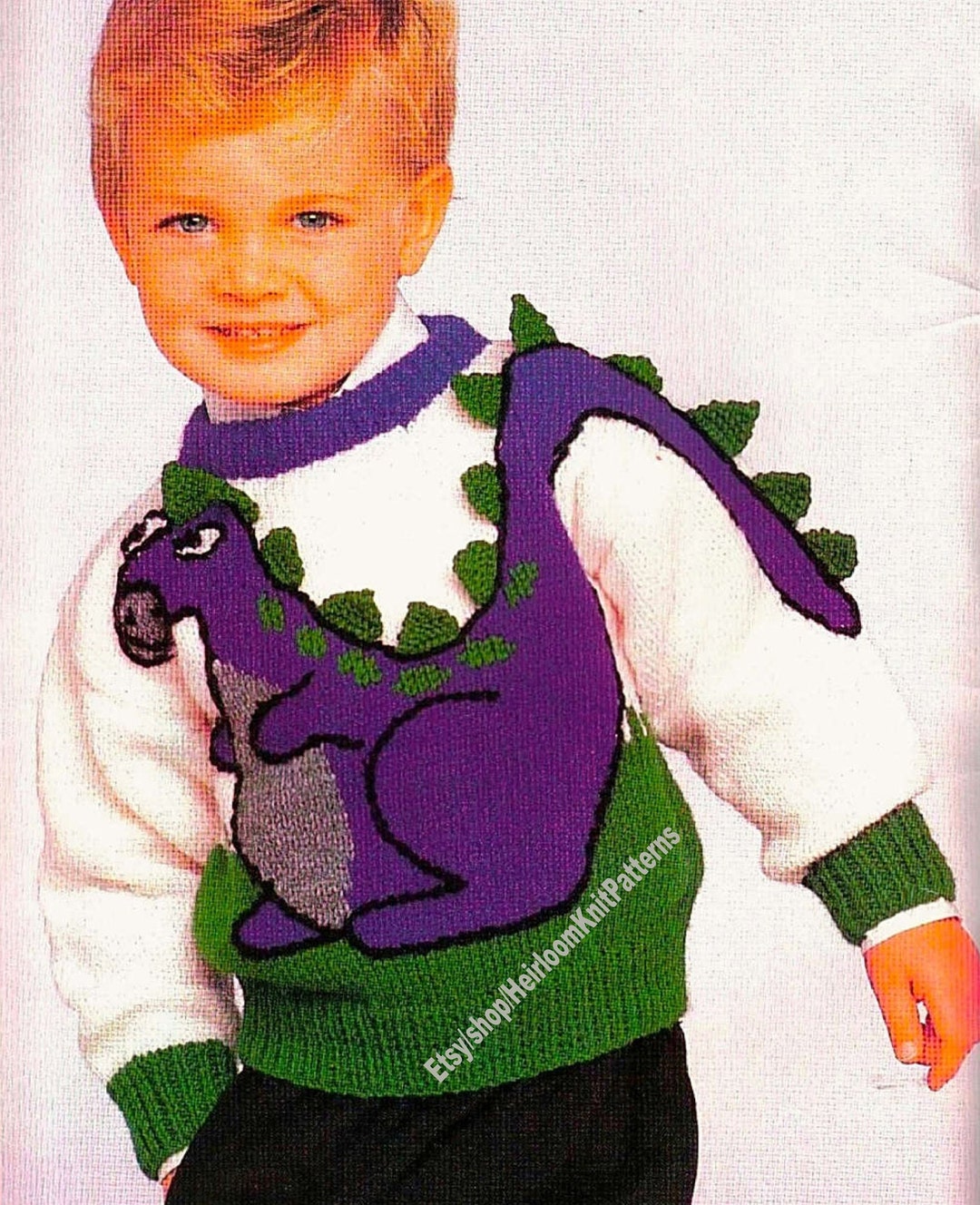 Dinosaur Sweater Vintage Knitting Pattern Sizes 2-3-4-6 Kids Childs Boy ...