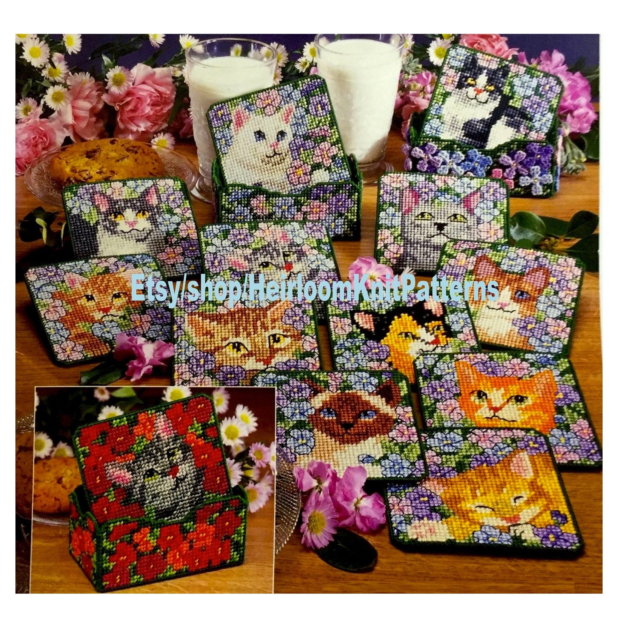 12 Kitty Cat Coasters and 2 Holders Vintage Plastic Canvas - Etsy