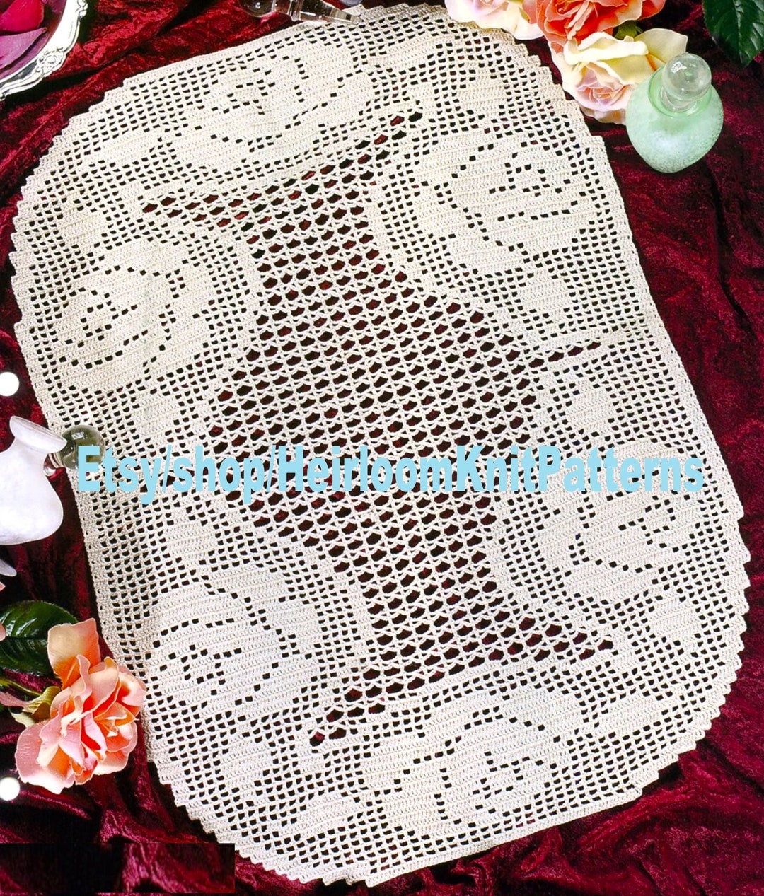 Roses Filet Crochet Centerpiece Doily Vintage Pattern PDF - Etsy