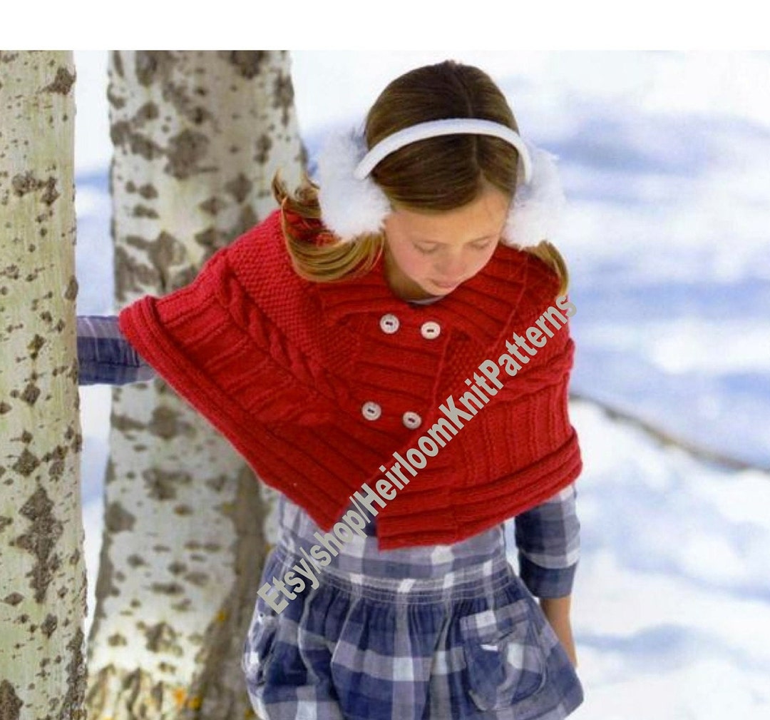 Girl Cable Cape Vintage Knitting Pattern Cosy Warm Aran Poncho Stole ...