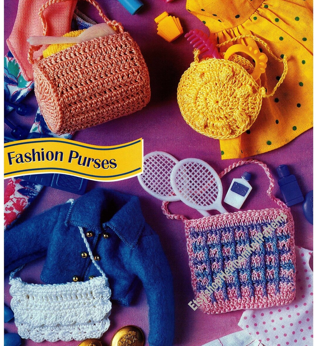 4 Designs Fashion Doll Bags & Purses Vintage Crochet Pattern Doll ...