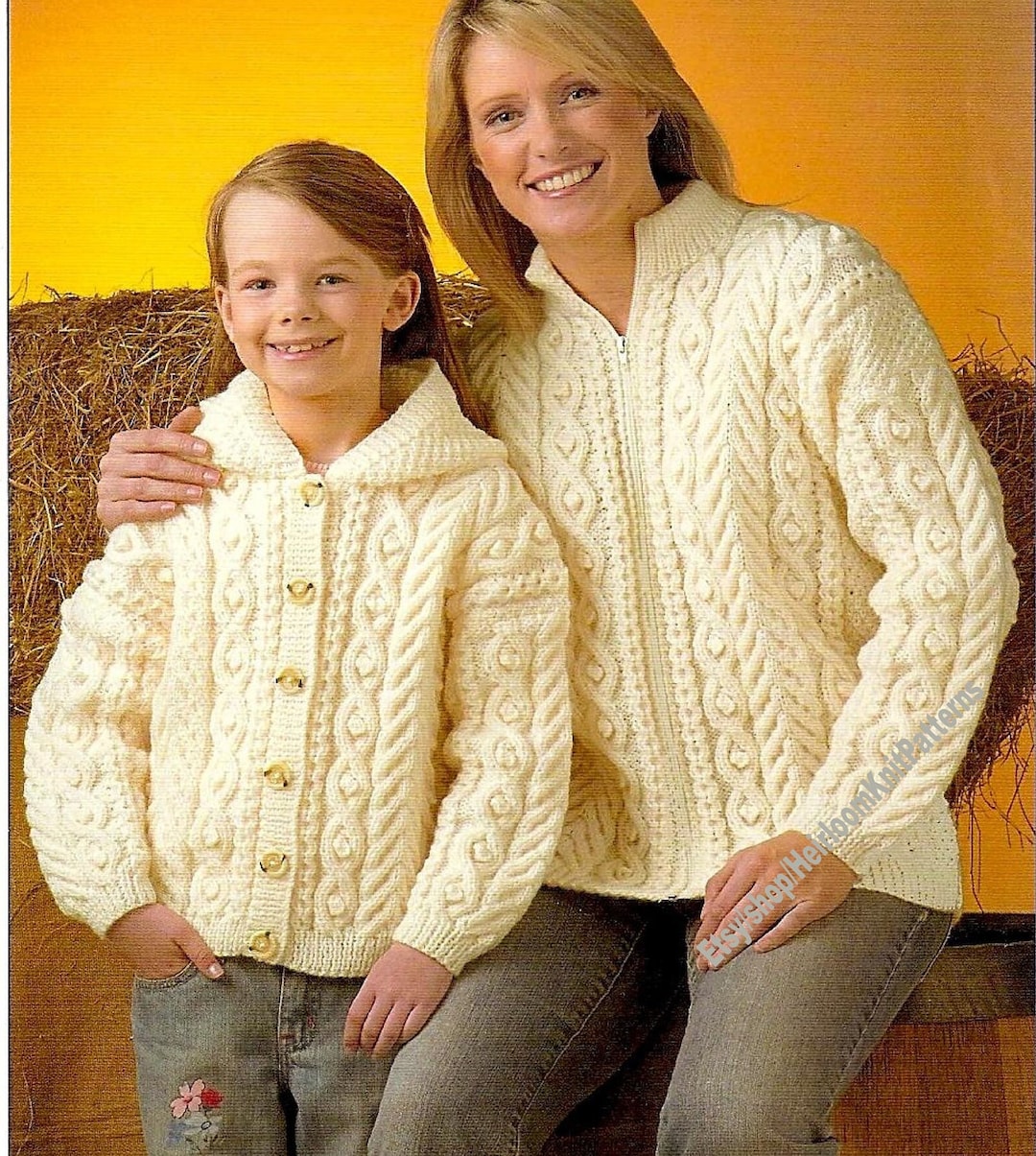 Child Adult Aran Jackets Vintage Retro Knitting Pattern Hooded Zipped ...