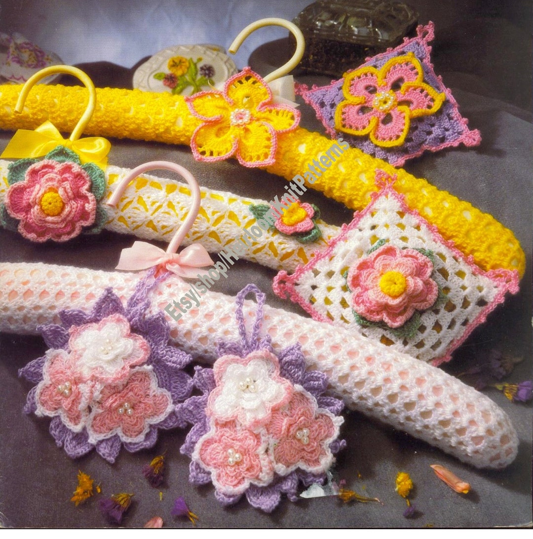 7 Pairs Hangers and Sachets Vintage Crochet Pattern Coat Hanger Cover ...