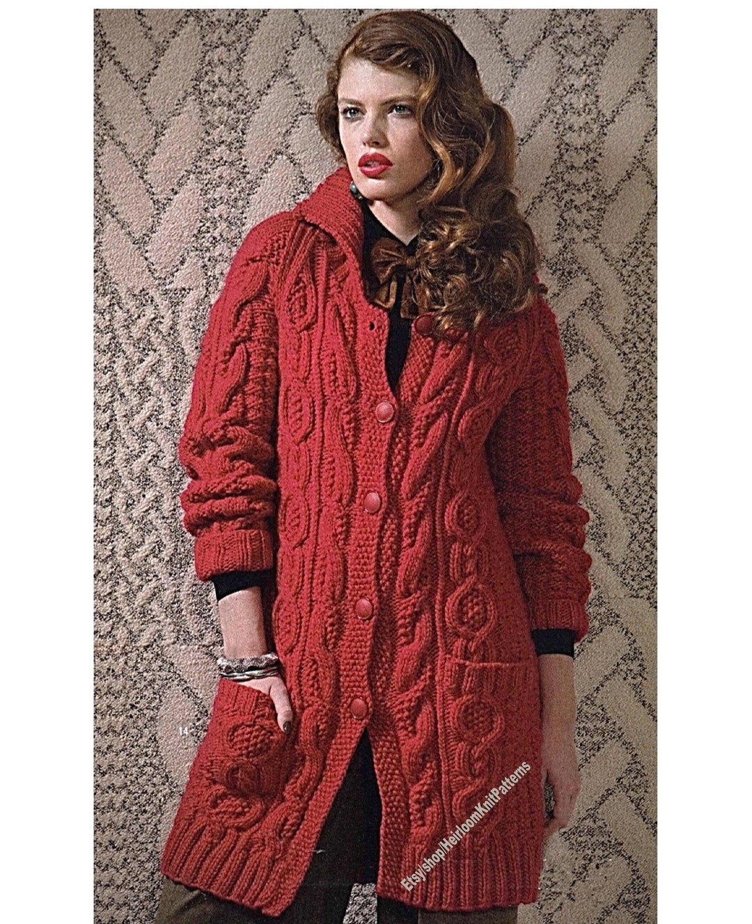 Women's Aran Style Long Jacket Coat Vintage Knitting Pattern Stylish ...