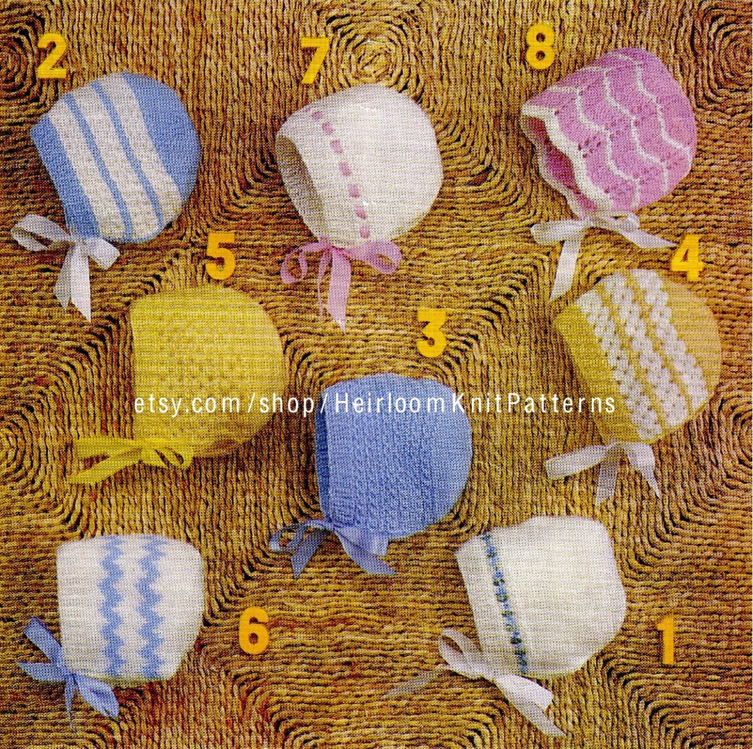 8 Baby Bonnets Vintage Knitting Pattern Traditional Classic Baby Girl ...
