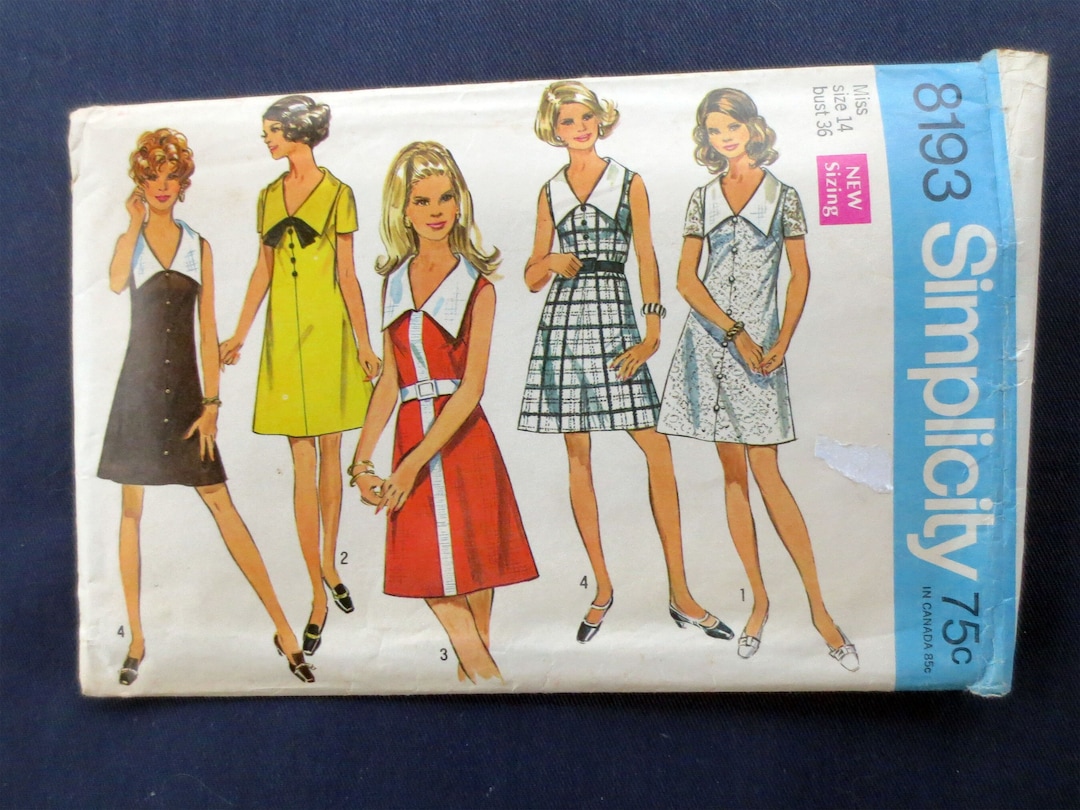 1969 Dress With Wide Collar Vintage Pattern, Simplicity 8193, Size 14 ...