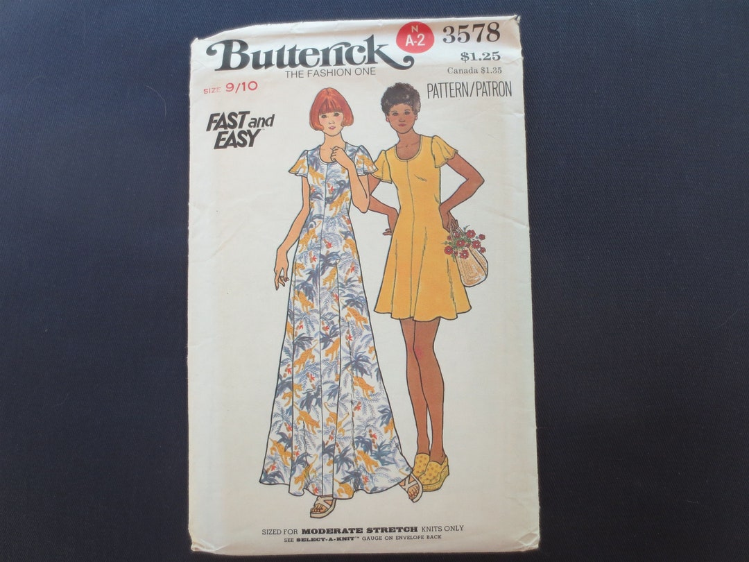 1978 Dress With Flutter Sleeve Vintage Pattern, Butterick 3578, Junior ...