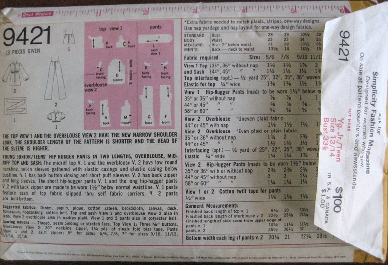 1971 Crop Top, Tunic & Hip Hugger Pants and Shorts Vintage Pattern ...