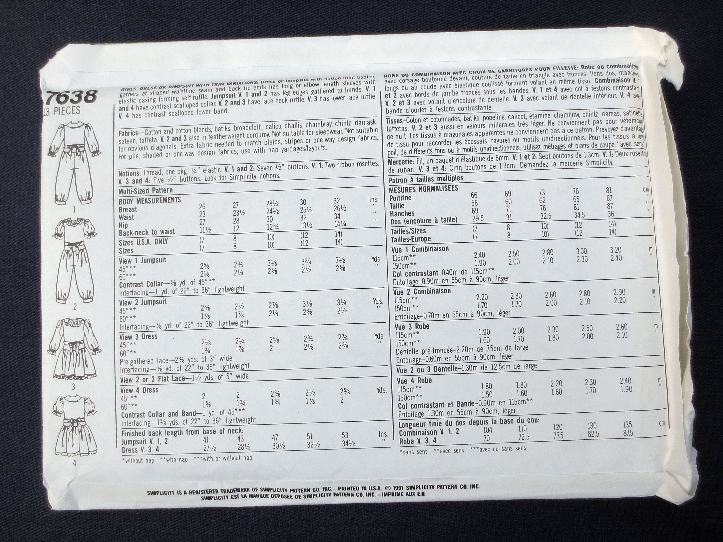 1991 Jumpsuit or Dress Uncut Vintage Pattern, Simplicity 7638, Girls ...