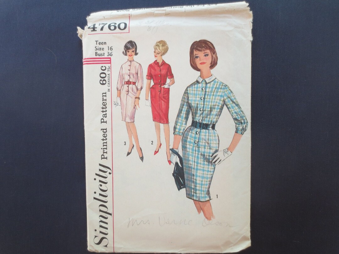 1960s Sheath Dress Uncut Vintage Pattern, Simplicity 4760, Teen Size 16 ...