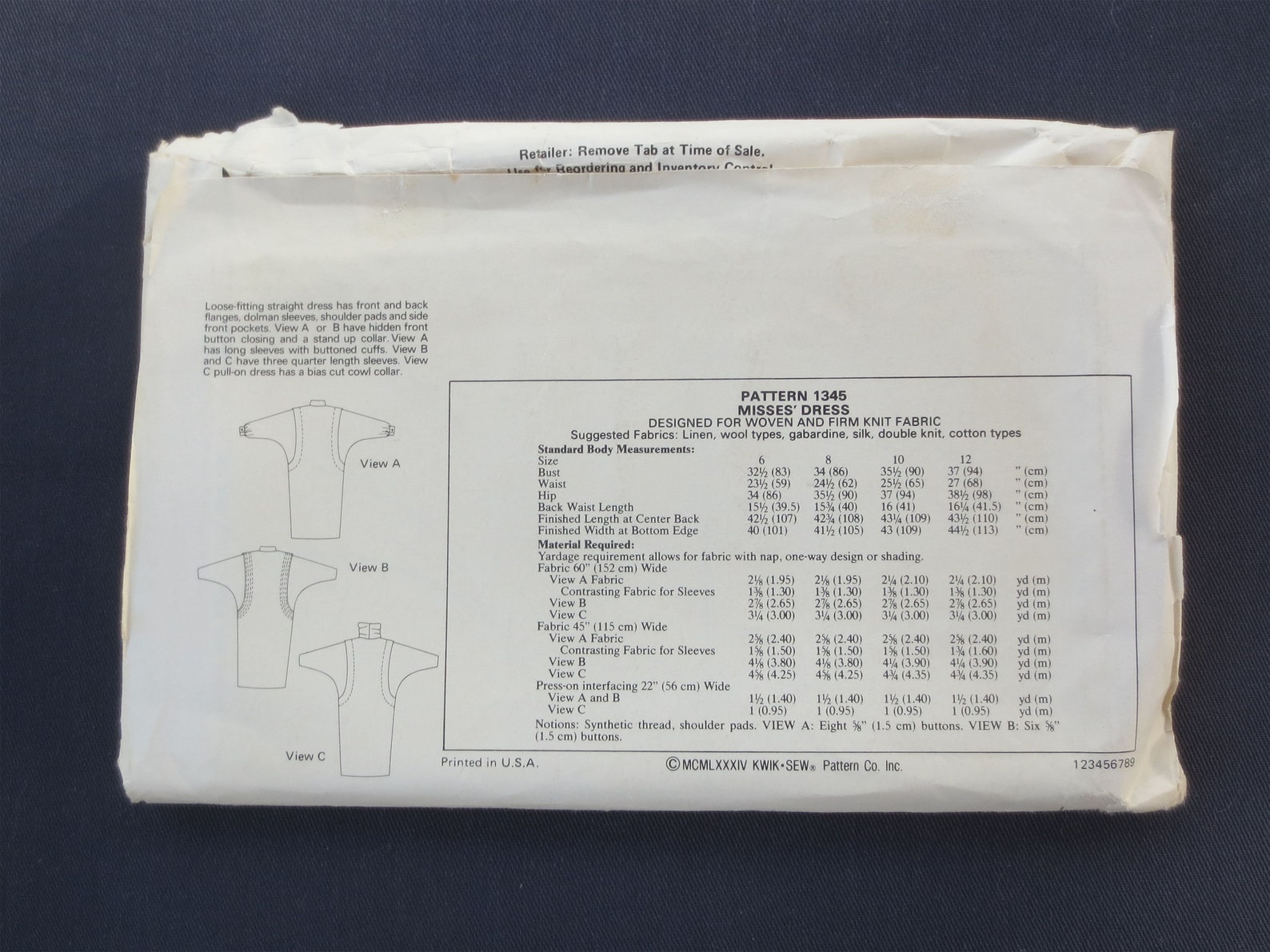 1984 Dress With Dolman Sleeves Uncut Vintage Pattern, Kwik Sew 1345 ...