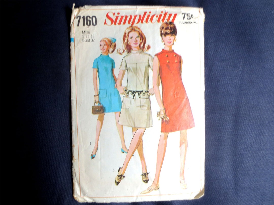 1967 Dress With Stand-up Collar Vintage Sewing Pattern, Simplicity 7160 ...