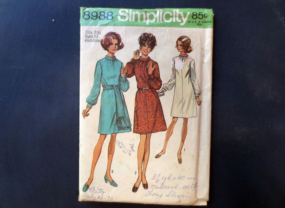 1970 Dress With Sash Vintage Pattern, Simplicity 8988, Plus Size 20.5 ...