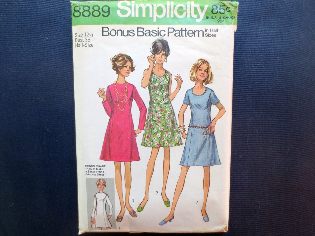 1970 Basic Princess Dress Vintage Pattern, Simplicity 8889, Size 12 1/2 ...