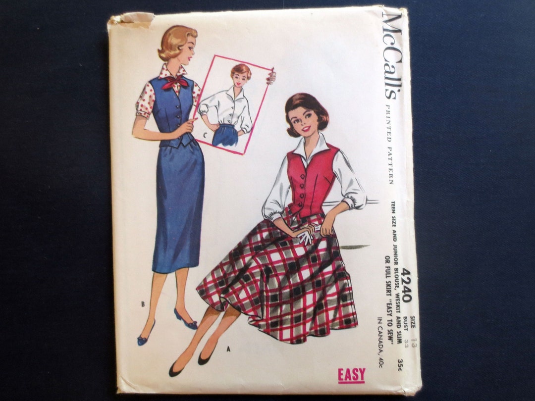 1957 Blouse, Weskit Vest & Slim or Full Skirt Uncut Vintage Pattern ...