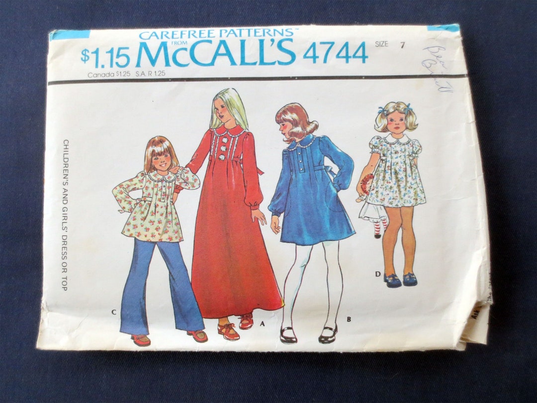 1975 Dress or Top Uncut Vintage Pattern, Mccalls 4744, Girls Size 7 ...