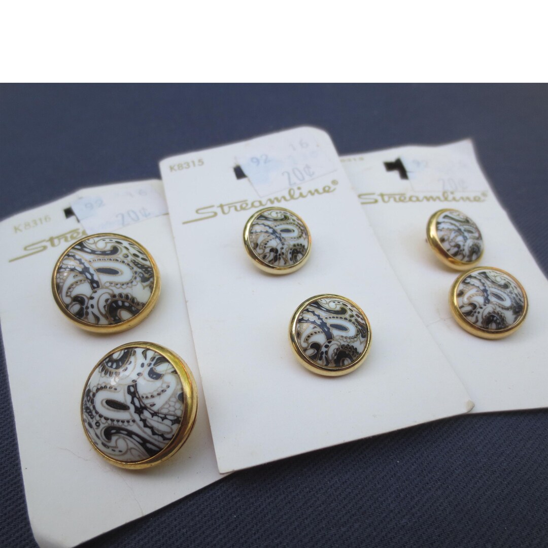 6 Vintage Black and White, Gold-tone Shank Buttons on Cards, Streamline ...