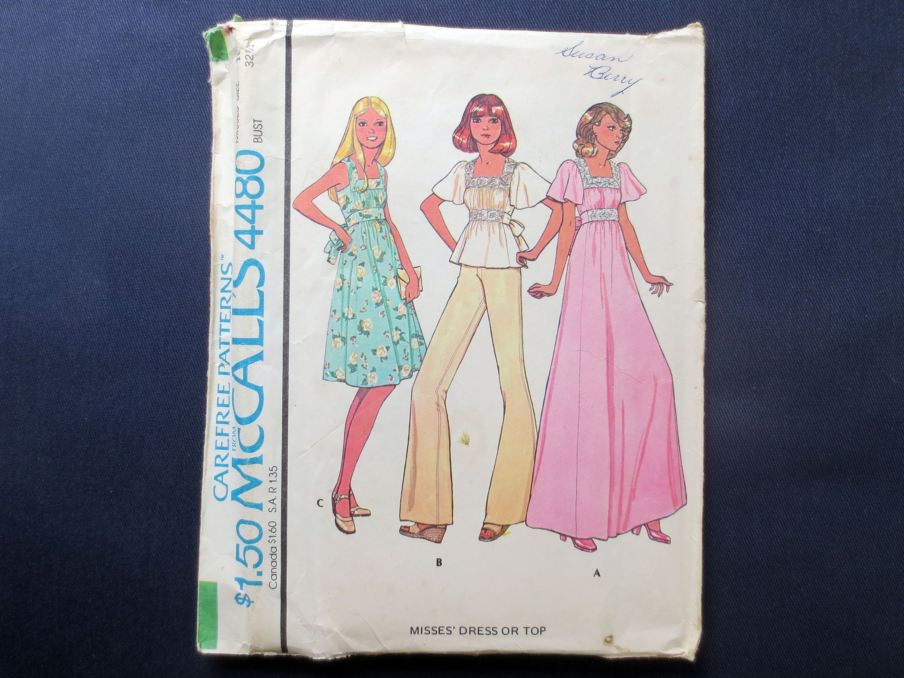 1975 Dress or Top Vintage Sewing Pattern, Mccalls 4480, Size 10, Bust ...