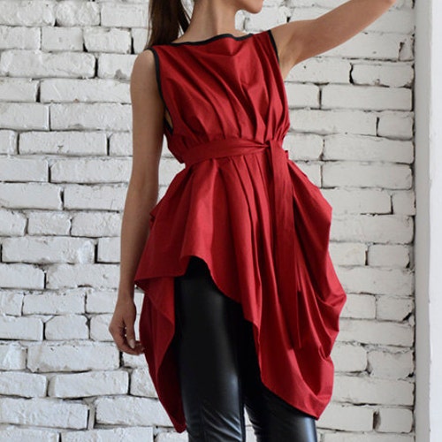 Red Asymmetric Top/sexy Red Tunic/loose Belt Vest/sleeveless - Etsy