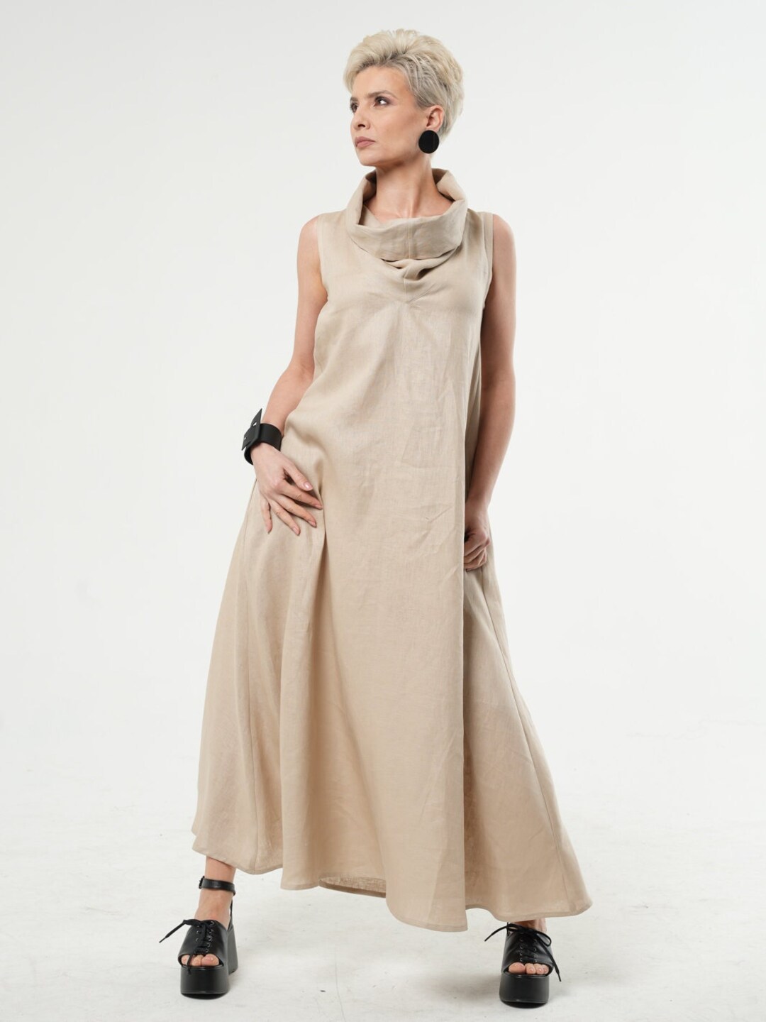 Large Collar Linen Dress / Beige Linen Long Dress / Sleeveless Summer ...
