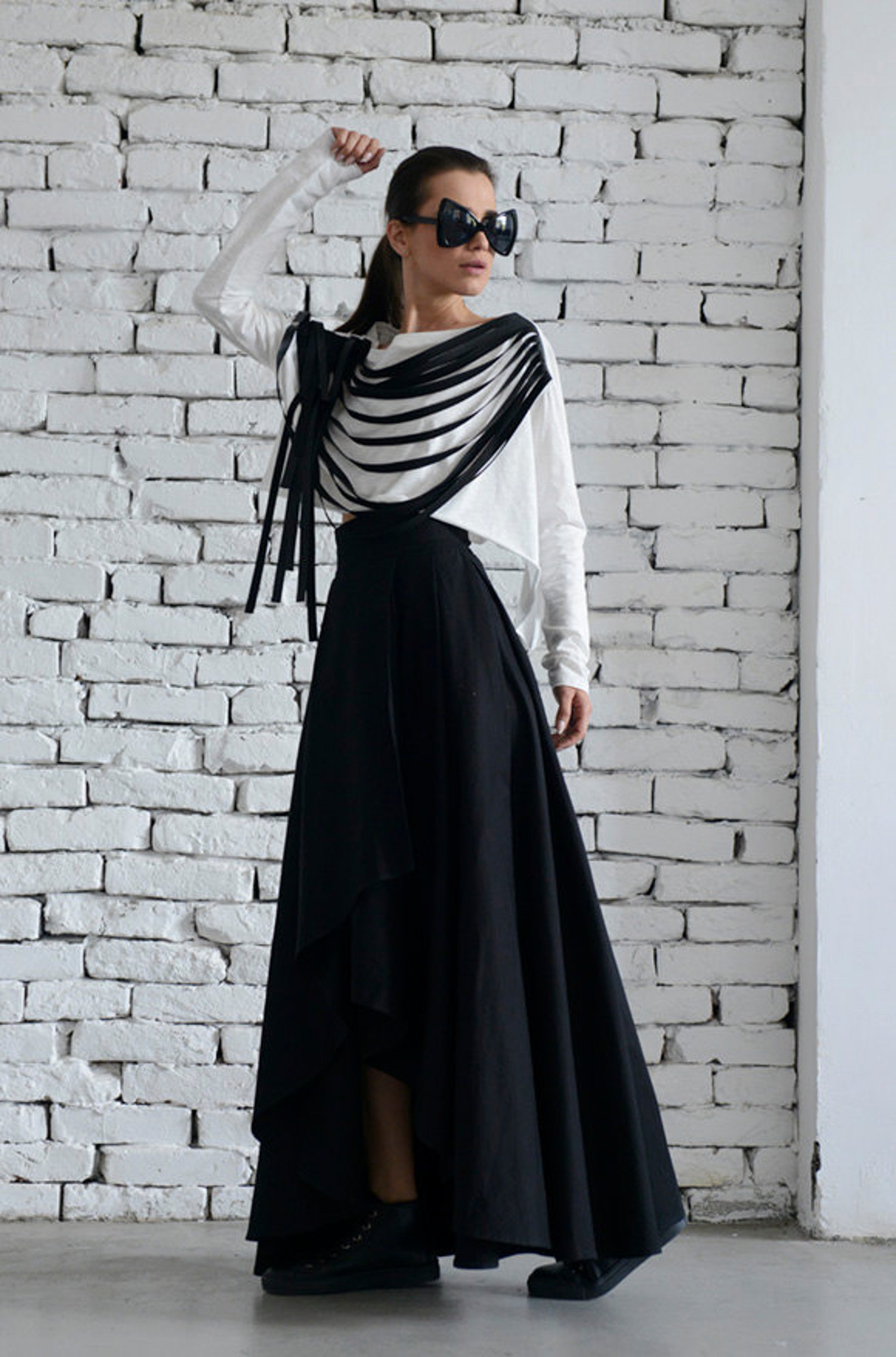 Maxi Black Skirt/asymmetric Loose Skirt/long Skirt/elegant Evening ...