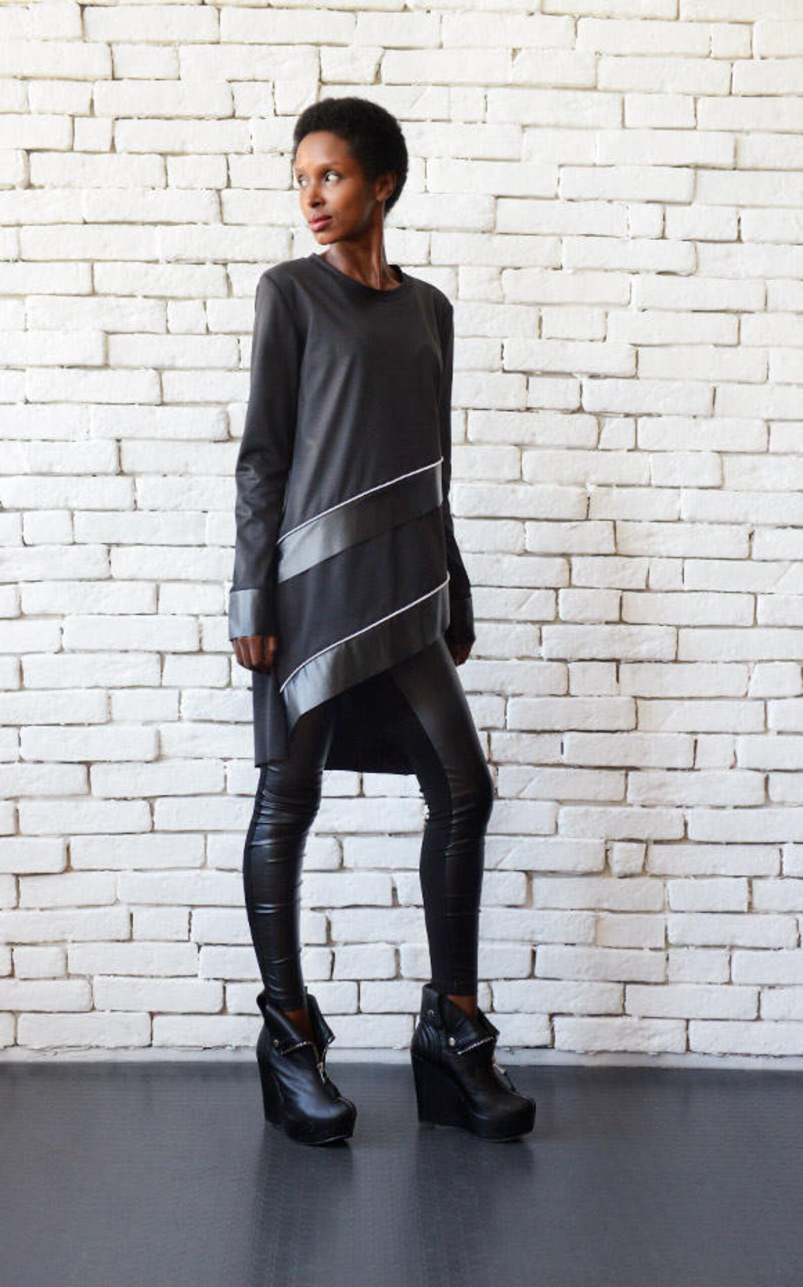 Long Sleeve Black Tunic/leather Detail Stripe Top/black Asymmetric ...