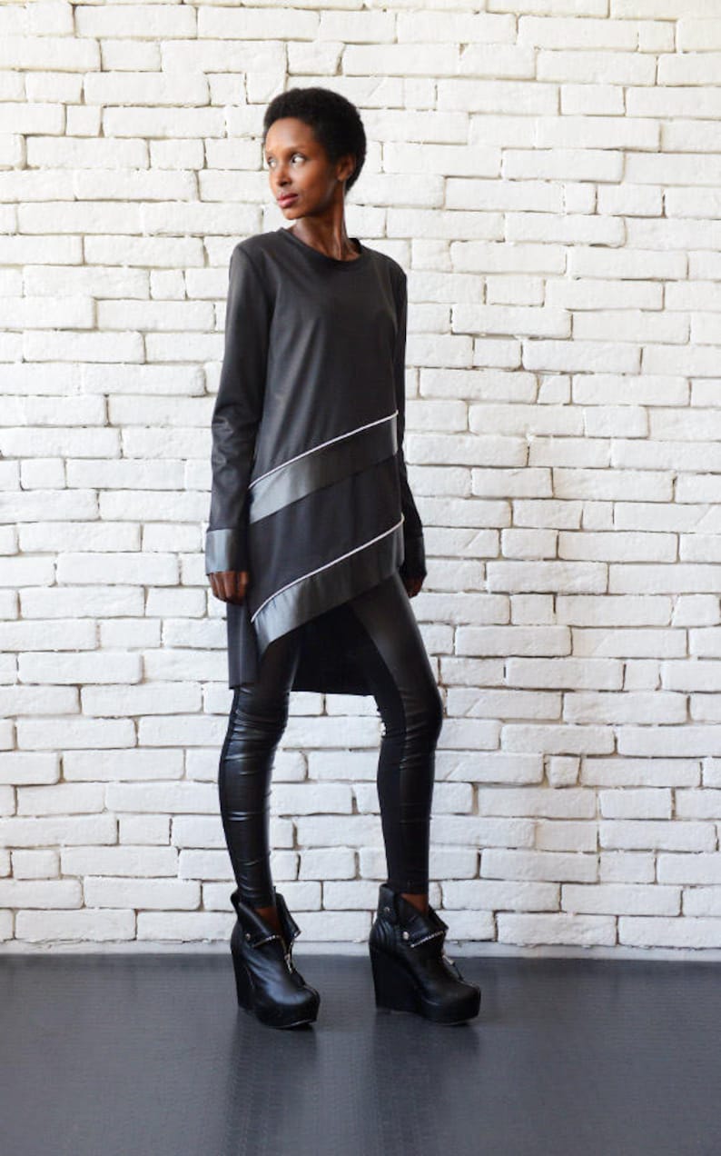 Long Sleeve Black Tunic/leather Detail Stripe Top/black Asymmetric ...