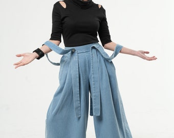 Full-length Wide-leg Pants / Denim Pants With Suspenders Full-length Wide-leg Pants / Denim Pants With Suspenders
