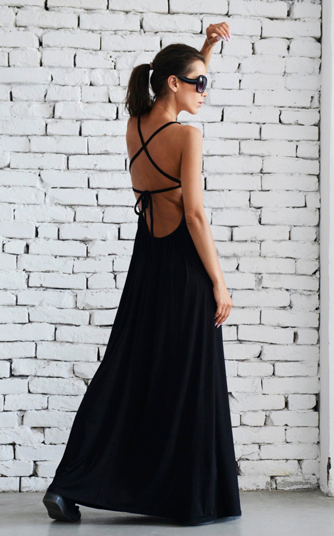Elegant Long Black Dress/open Back Dress/thick Strap Gown/sexy Black ...