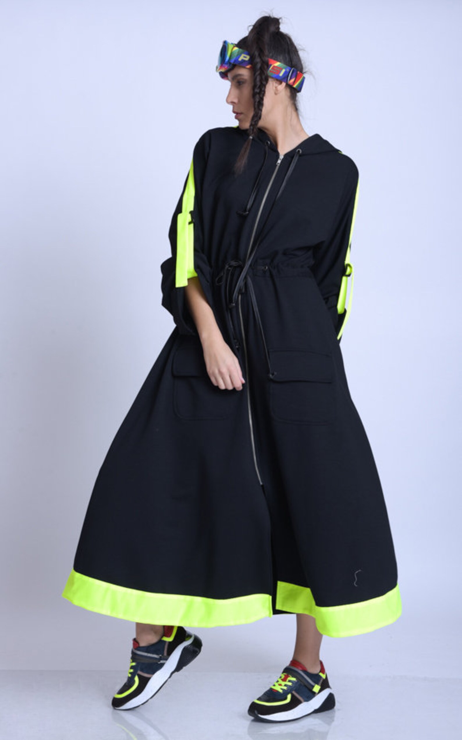 Plus Size Neon Accent Dress/Extravagant Oversize Coat/Black | Etsy