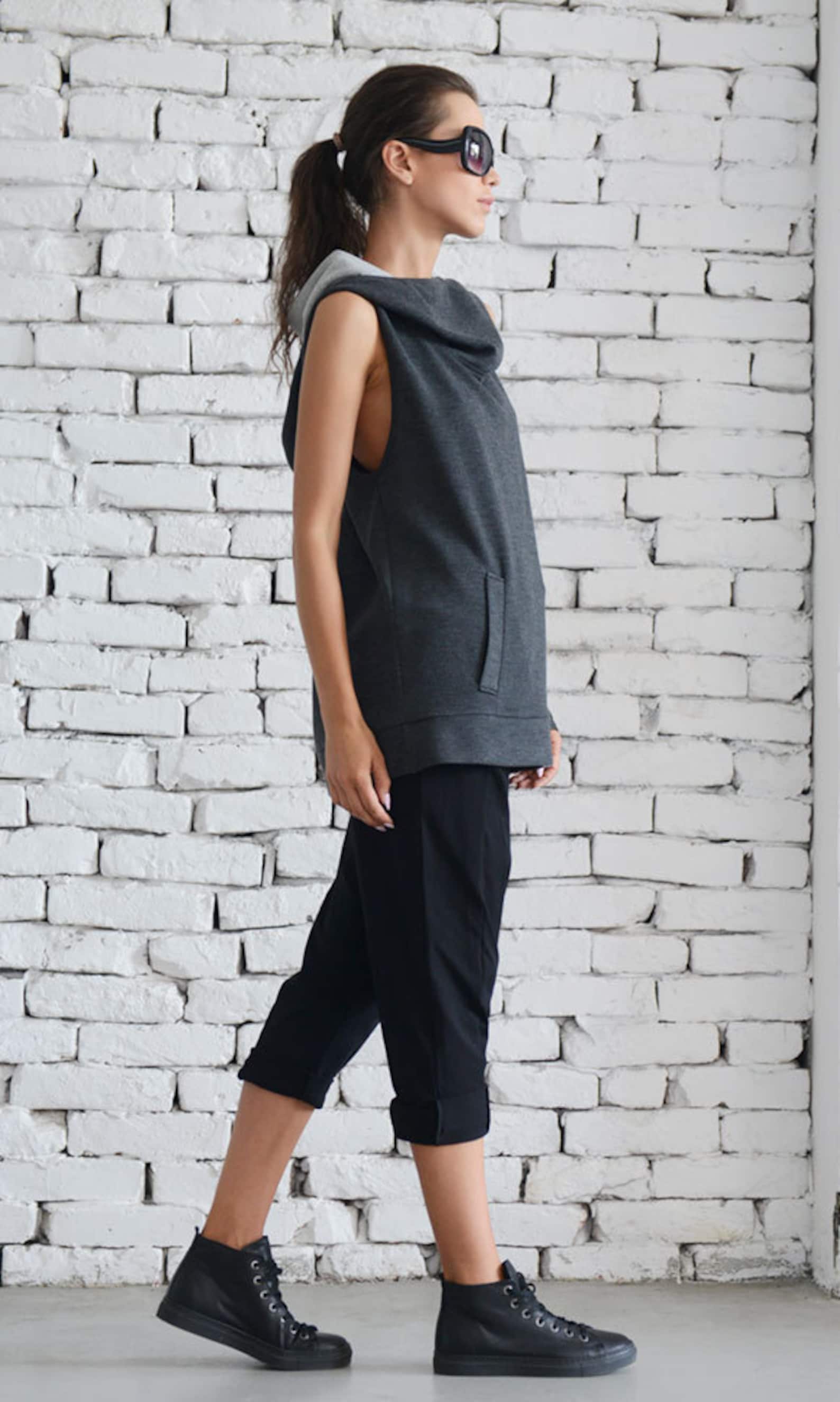Dark Grey Hooded Top/extravagant Summer Vest/casual Tunic With Hood ...
