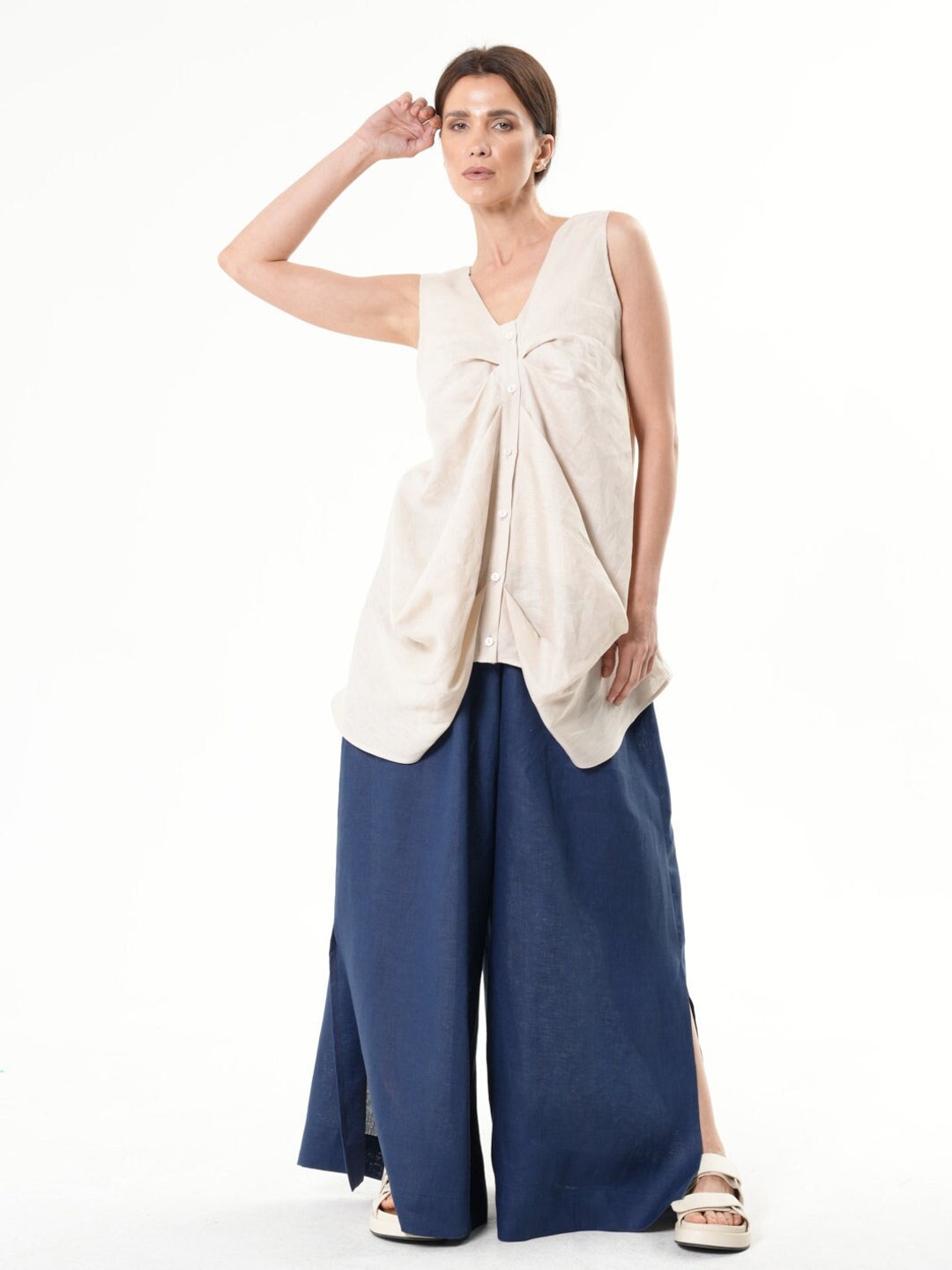 Beige Linen Top With Buttons / Linen Tunic Top / Draped Long Top ...