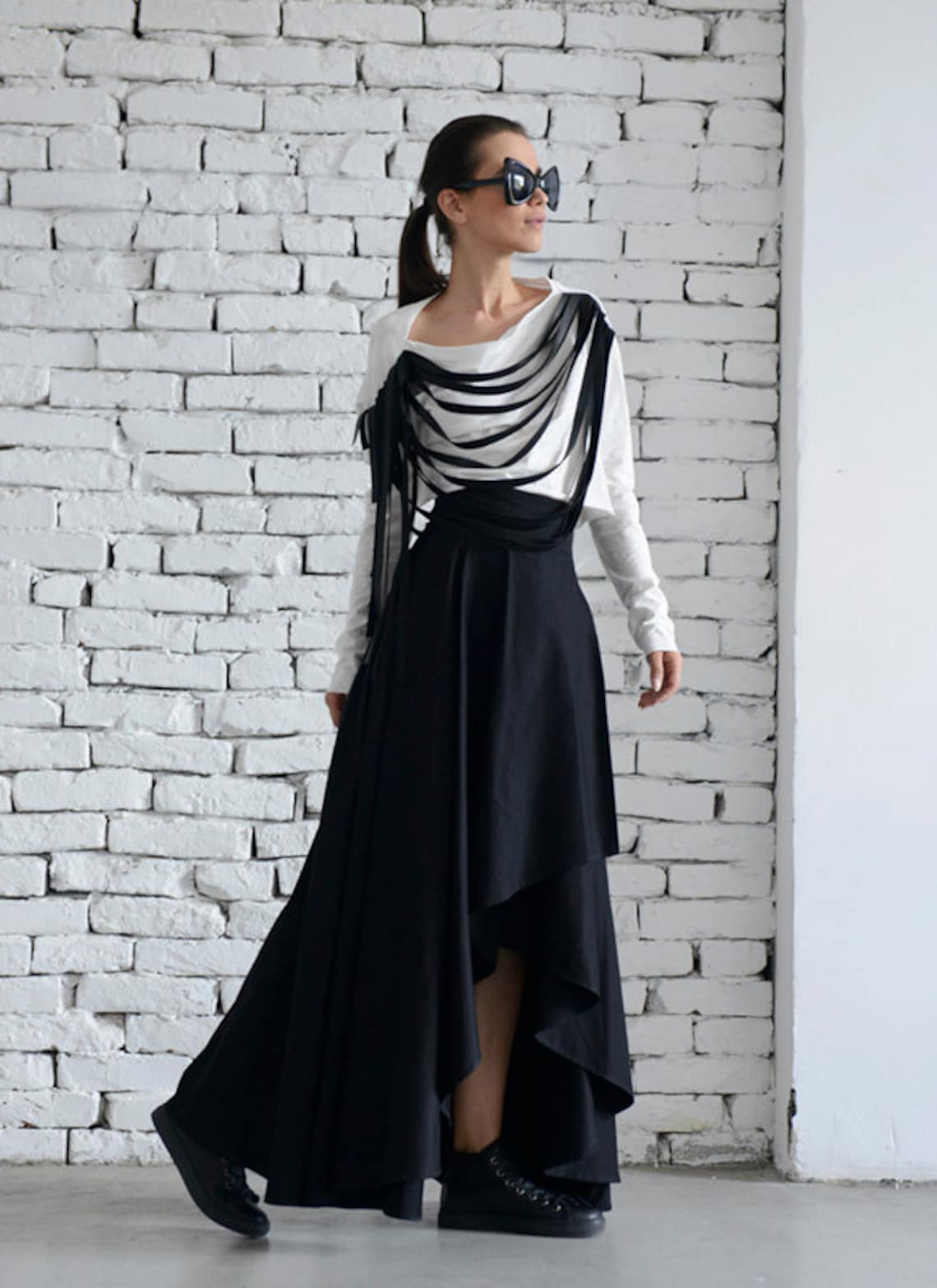 Maxi Black Skirt/asymmetric Loose Skirt/long Skirt/elegant Evening ...