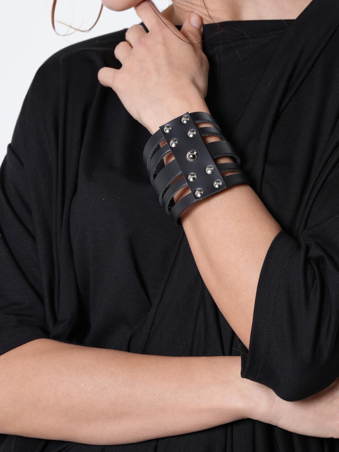 Multi-strap Real Leather Cuff - Black Studded Bracelet METBR35 - Etsy