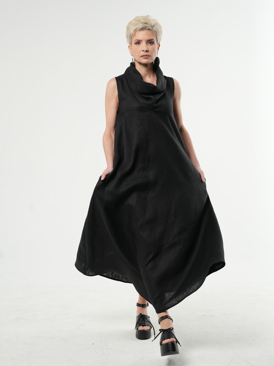 Sleeveless Linen Dress / Black Large Collar Dress / Summer Linen Dress ...